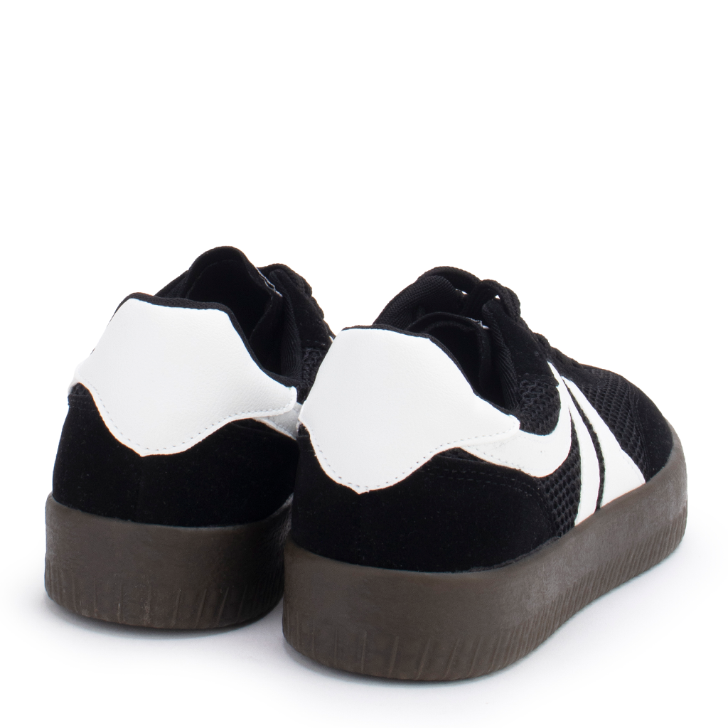 Tênis Casual Detalhe Tela Listras Solado Alto Sua Cia - Preto