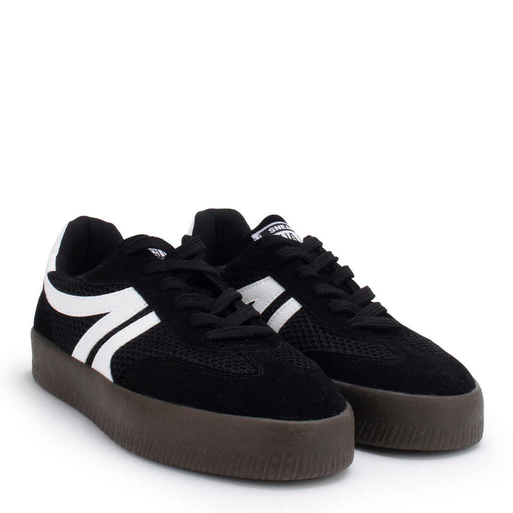 Tênis Casual Detalhe Tela Listras Solado Alto Sua Cia - Preto